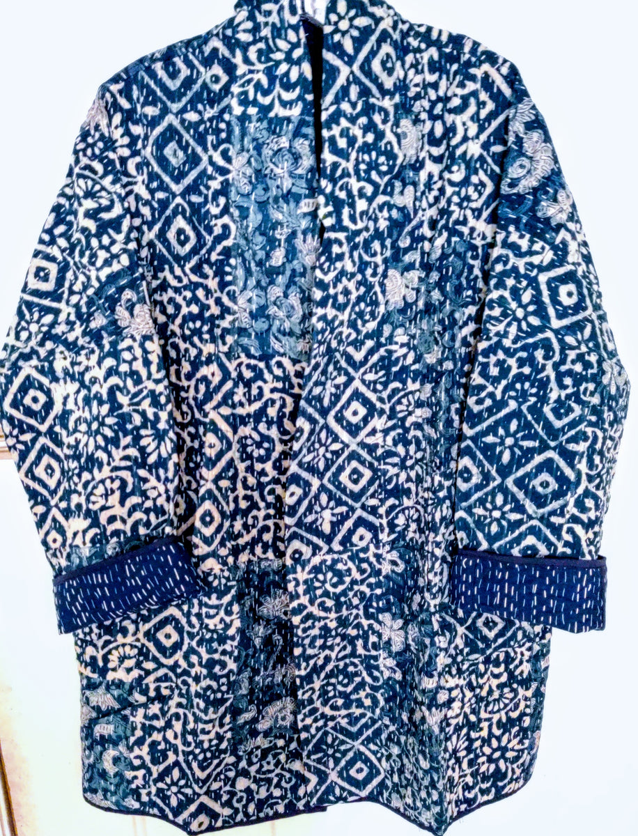 Indigo Patchwork Block Print Quilted Jacket – Lotus Temple Collection